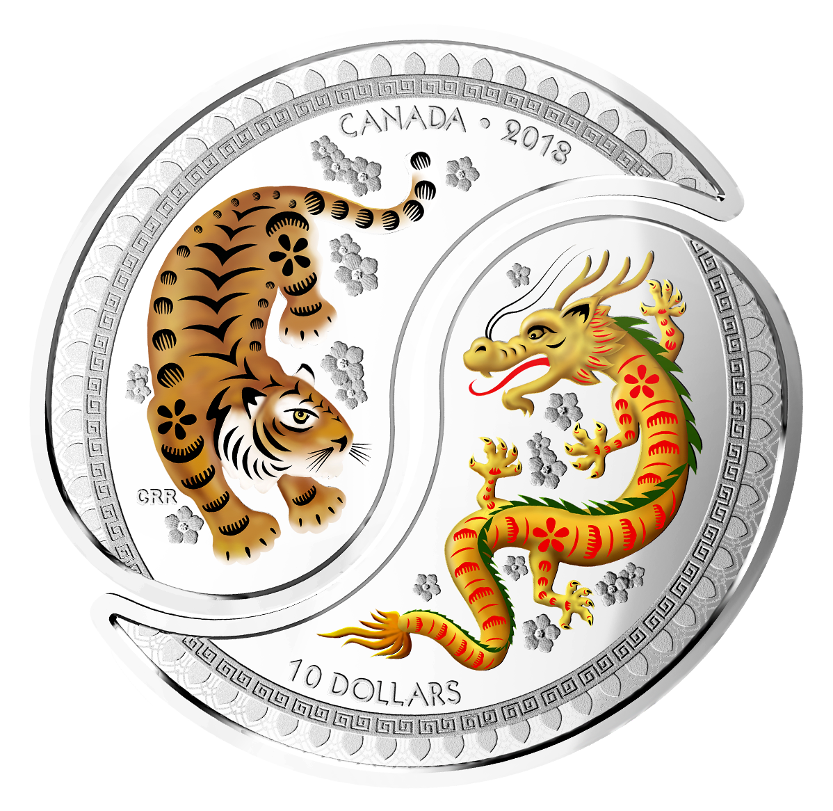 1 oz. Pure Silver Coloured Coins - Yin and Yang: Tiger and Dragon ...