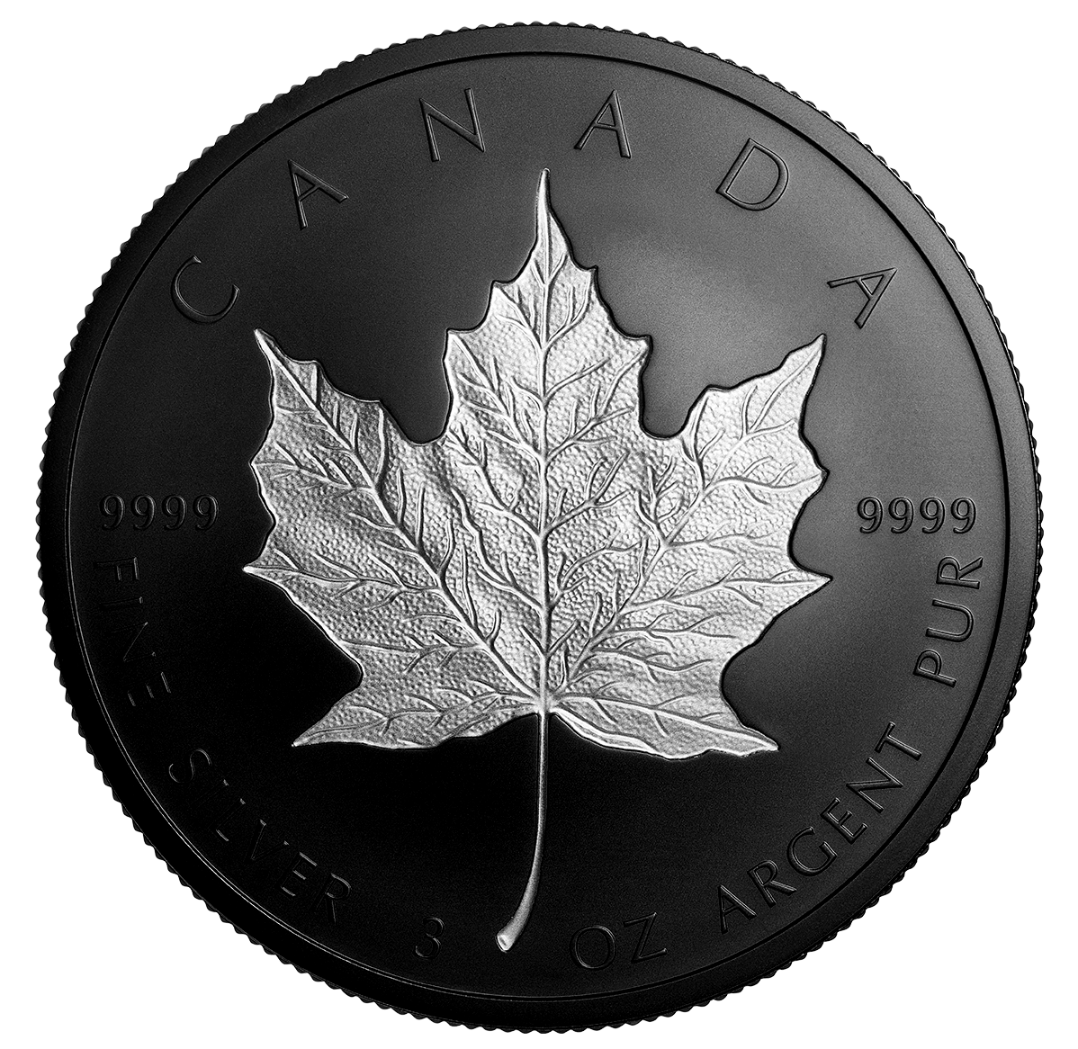 3 oz. Pure Silver Coin - Rhodium-Plated Incuse Silver Maple Leaf ...