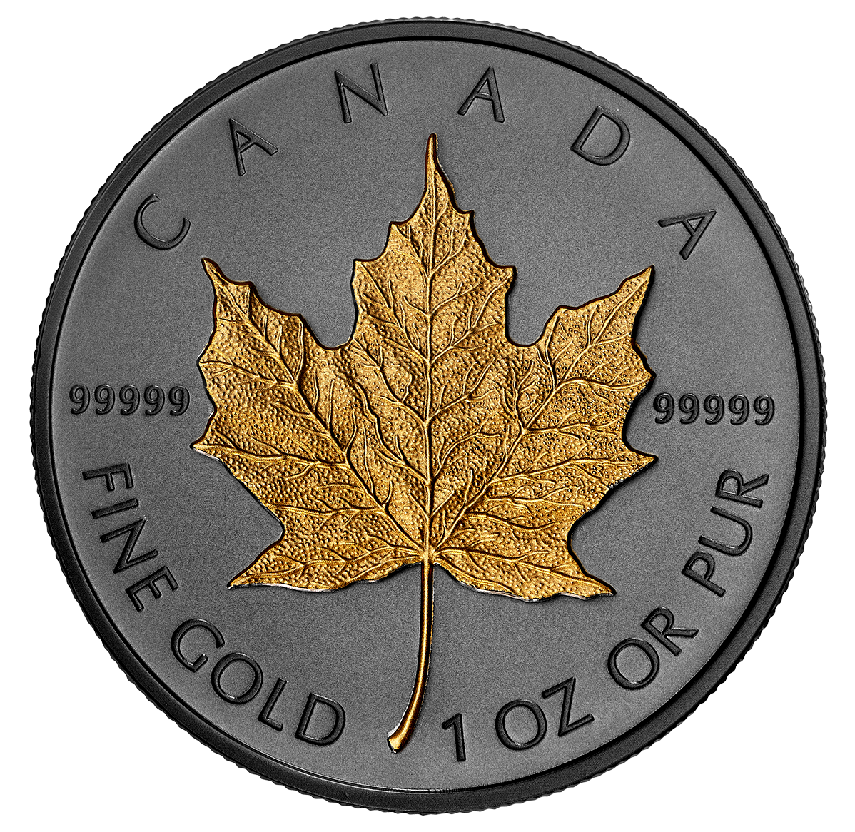 1 oz. 99.999% Pure Gold Coin - Rhodium-Plated Incuse Gold Maple Leaf ...