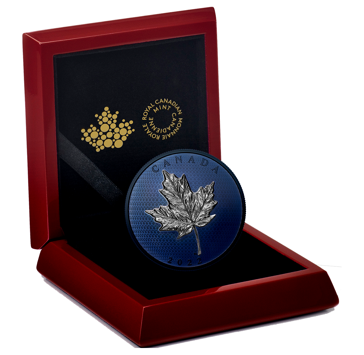 5 oz. Pure Silver Coin with Blue Rhodium Plating – Maple Leaves in ...